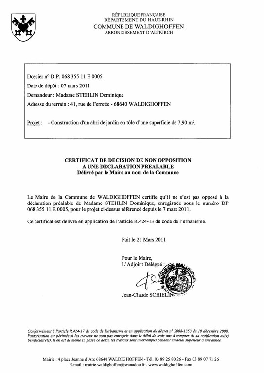 Non-opposition à la déclaration préalable n°11E0005 - Mme STEHLIN ... Non-opposition à la déclaration préalable n°11E0005 - Mme STEHLIN ...